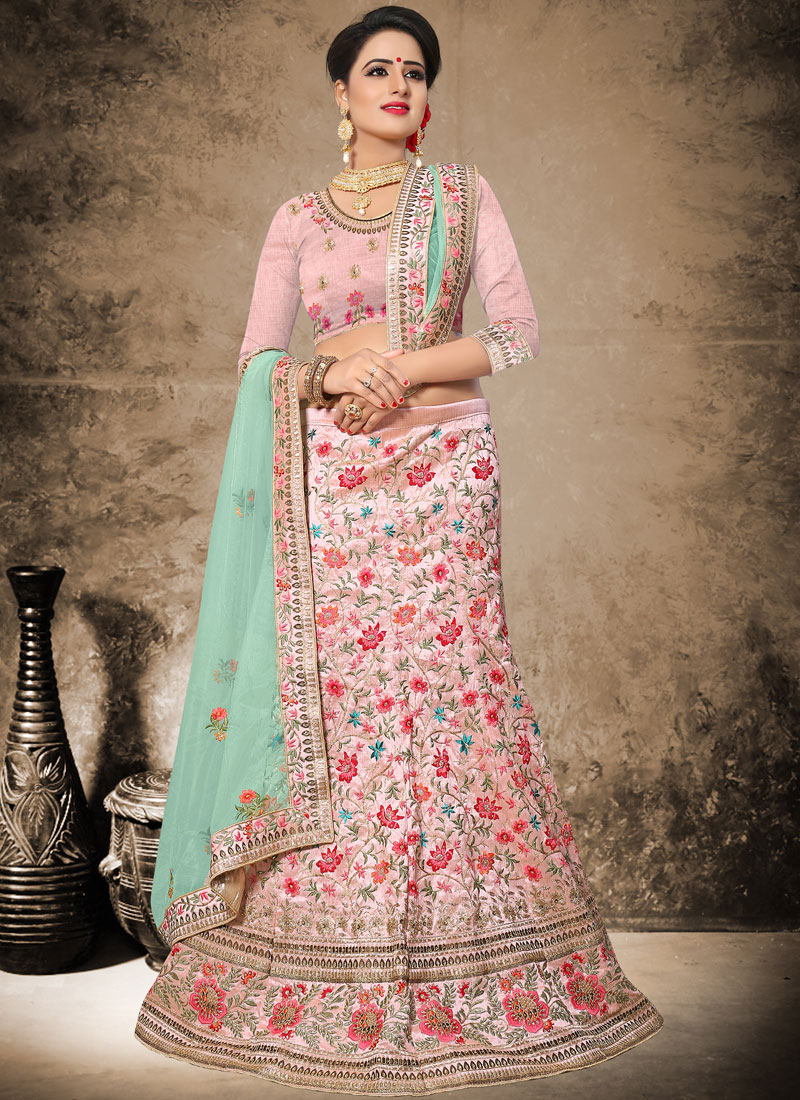 Buy Online Malbari Silk Pink Resham Work Lehenga Choli : 83605