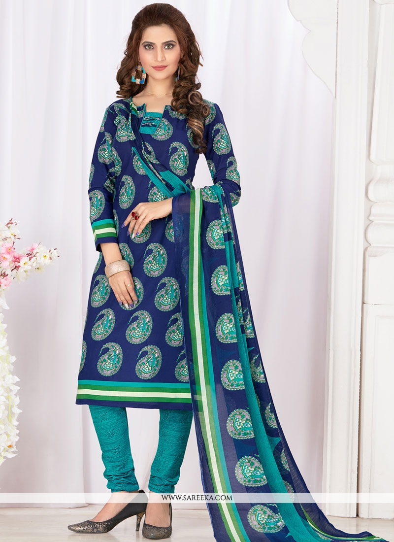 Buy Print Work Blue Churidar Suit Online