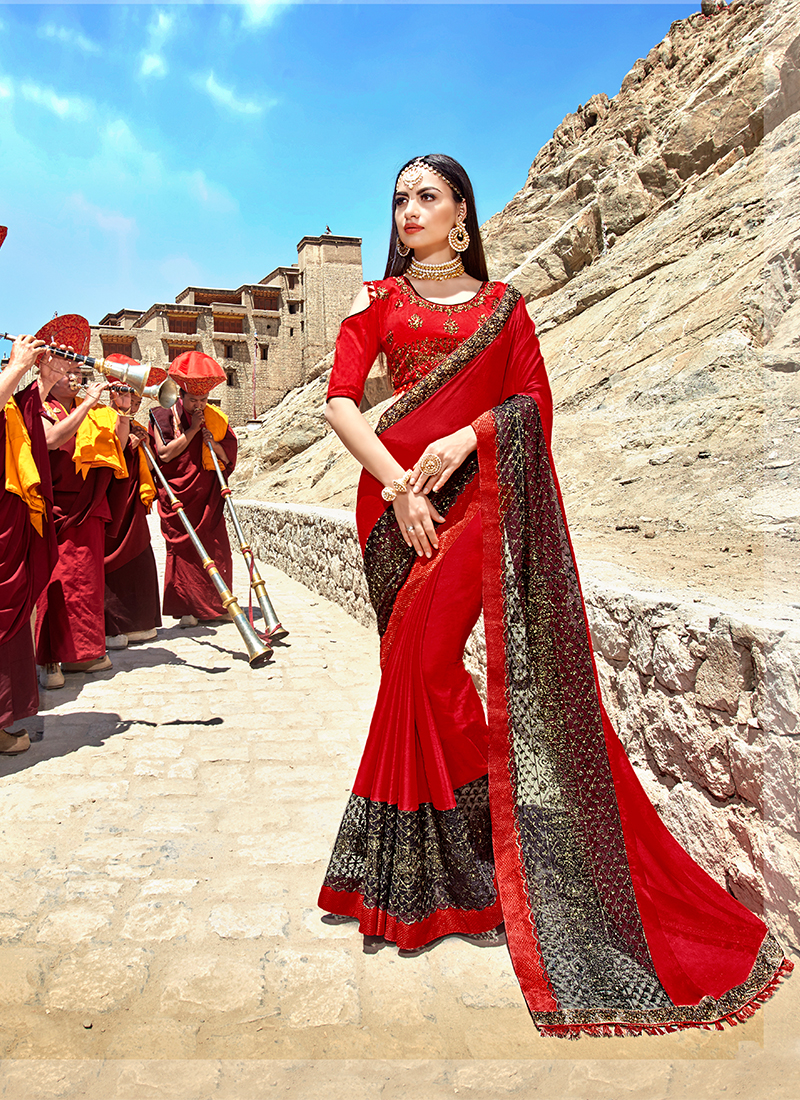 Buy Online Satin Silk Red Border Work Trendy Saree : 84876