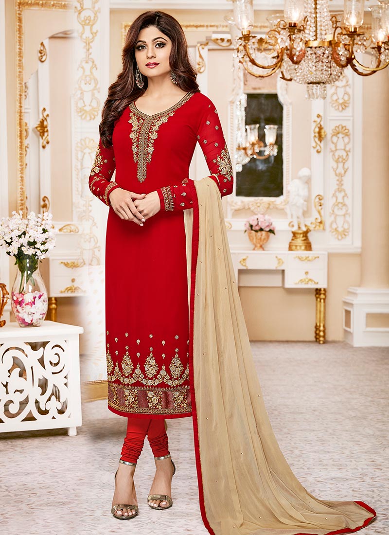 Shop Shamita Shetty Red Churidar Designer Suit Online : 81628