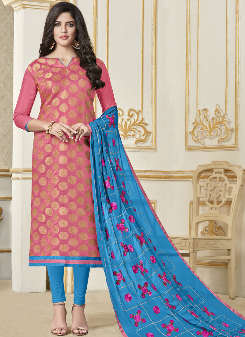 Shop Art Silk Embroidered Pink Churidar Suit Online : 101738