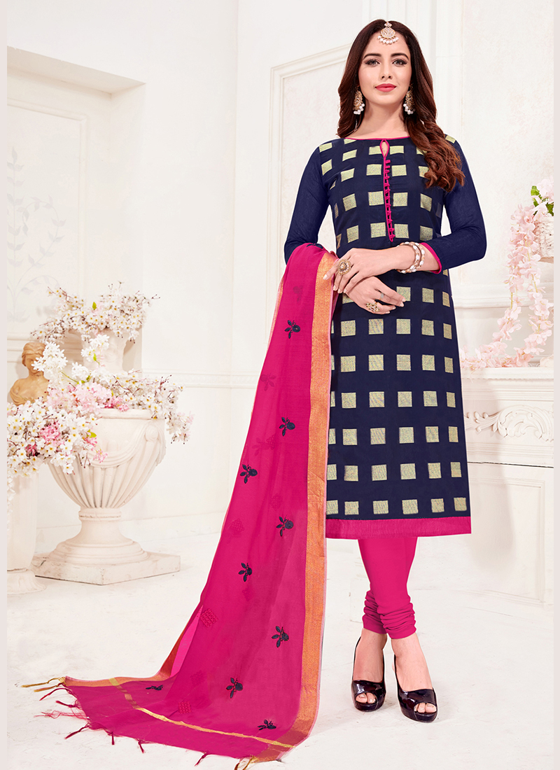 Buy Online Blue Jacquard Silk Churidar Suit : 122937