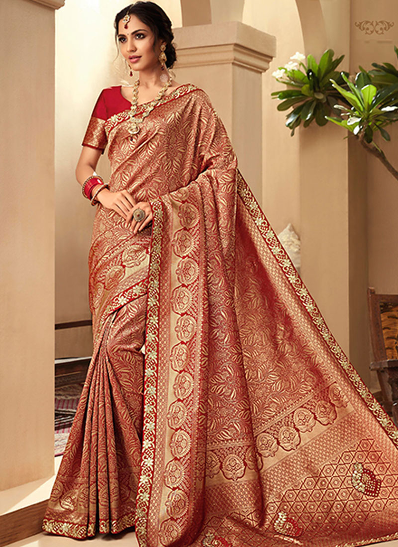 Shop Online Border Jacquard Silk Trendy Saree In Red 128630