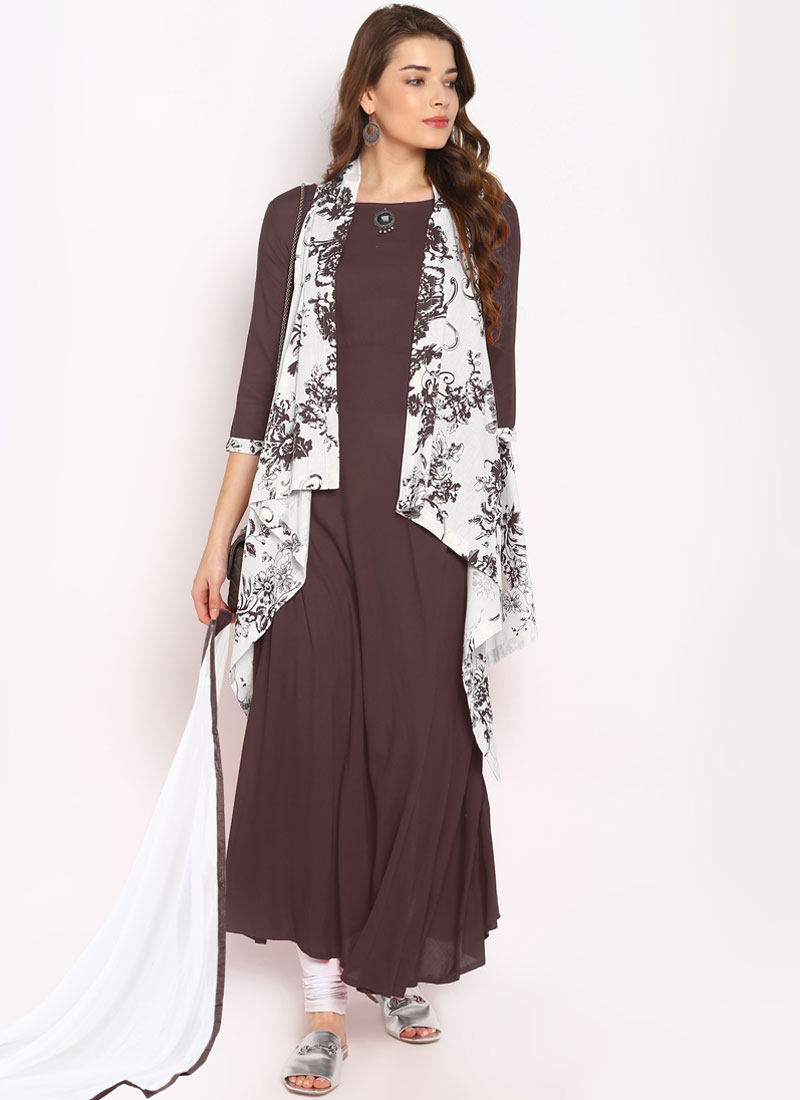 Buy Online Brown Print Rayon Readymade Suit : 105110
