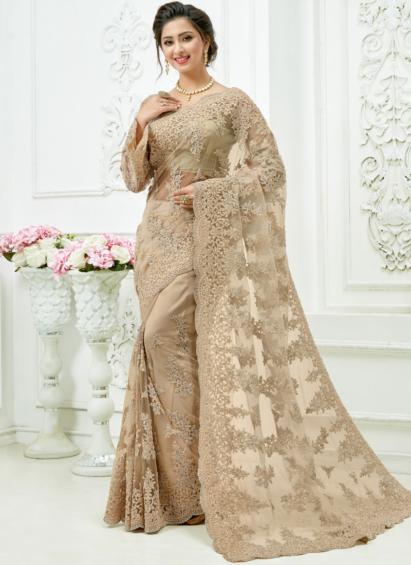 Shop Classic Designer Saree Embroidered Net in Beige Online : 101234