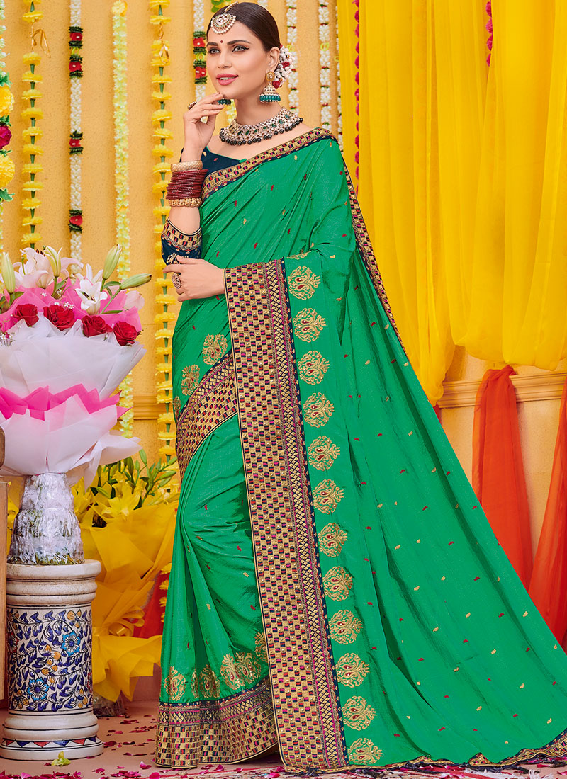 Buy Classic Saree Embroidered Art Silk in Green : 115911