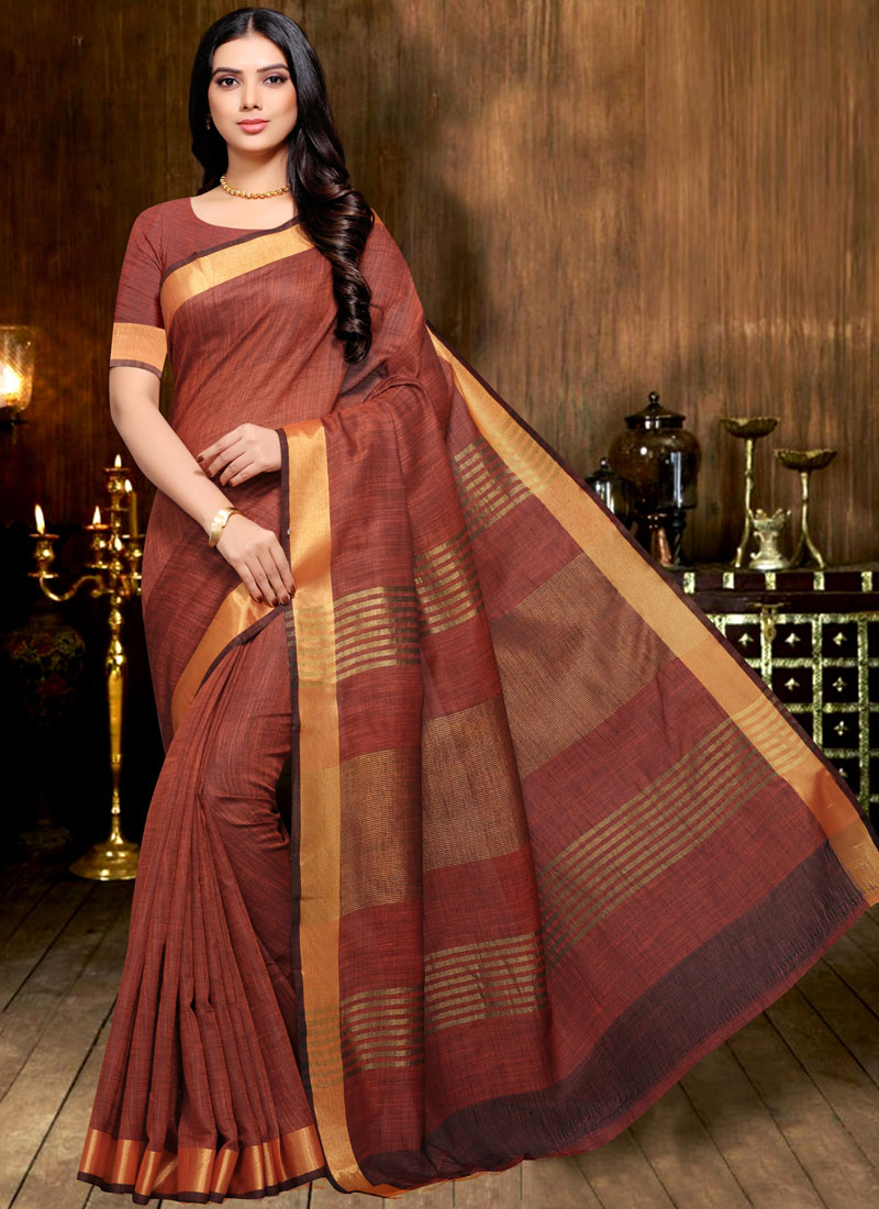Buy Classic Saree Print Linen in Maroon : 116861
