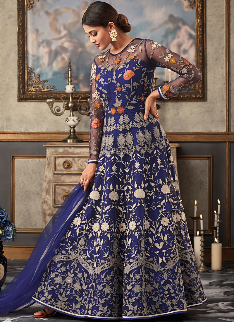 Buy Online Embroidered Blue Fancy Fabric Floor Length Designer Suit ...