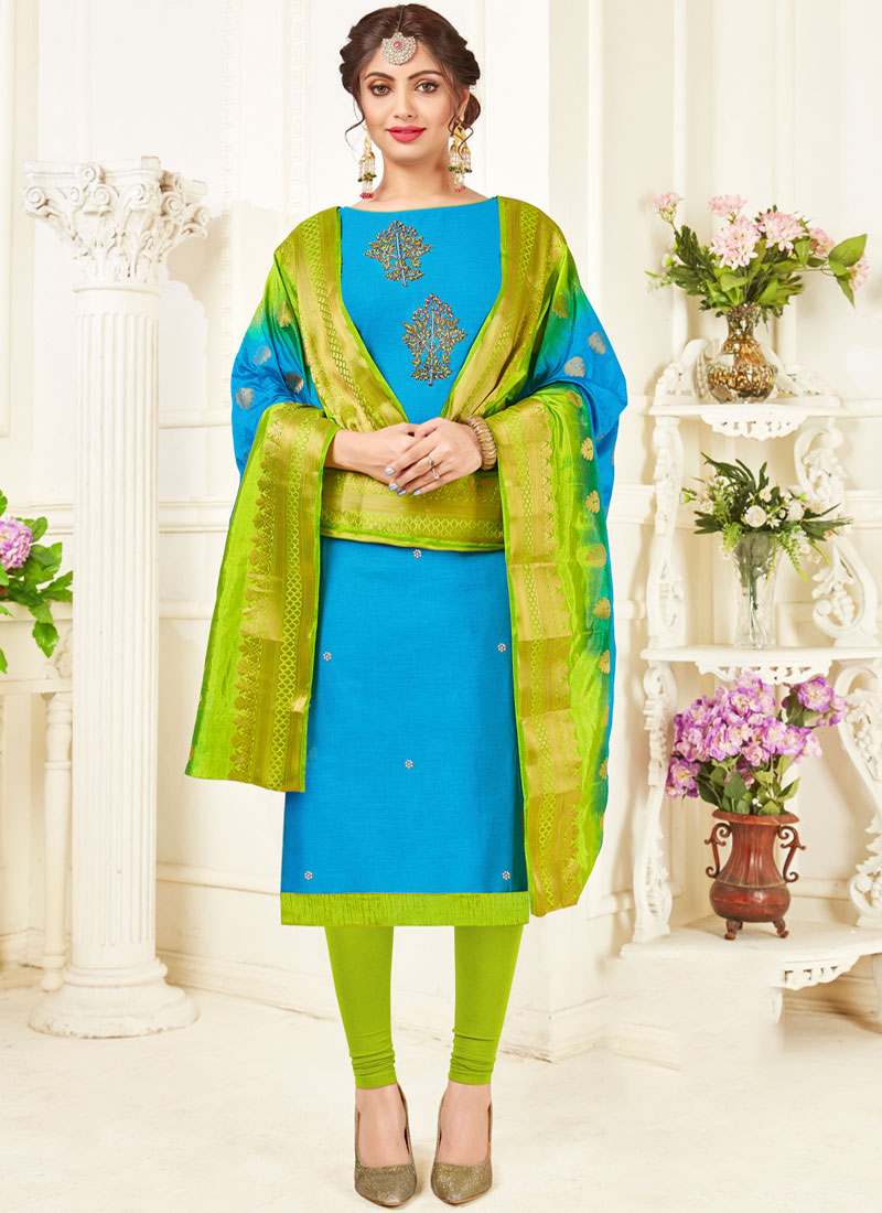 Buy Embroidered Cotton Blue Churidar Suit Online