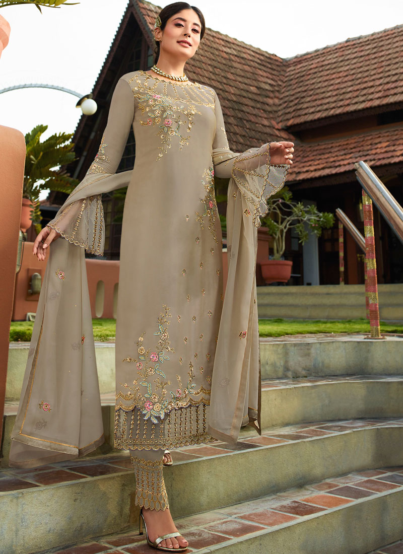 Buy Embroidered Grey Georgette Pant Style Suit Online