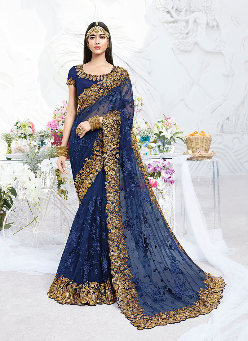 Buy Embroidered Net Classic Saree in Blue Online