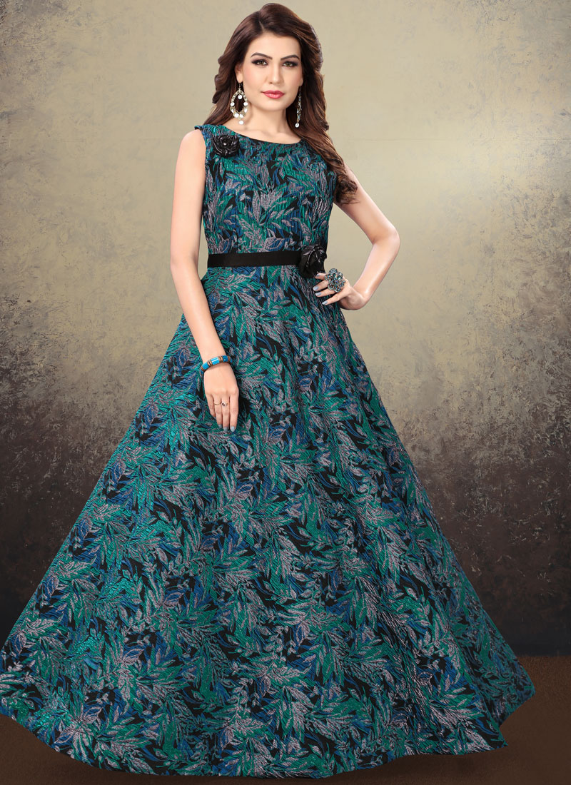 Shop Fancy Fabric Teal Fancy Floor Length Gown Online : 100583