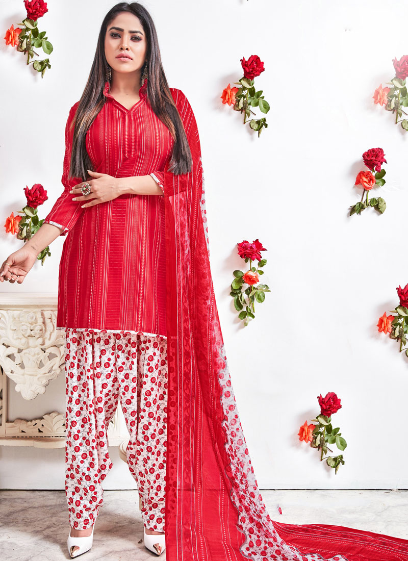 Shop Faux Crepe Abstract Print Red Punjabi Suit Online : 104264