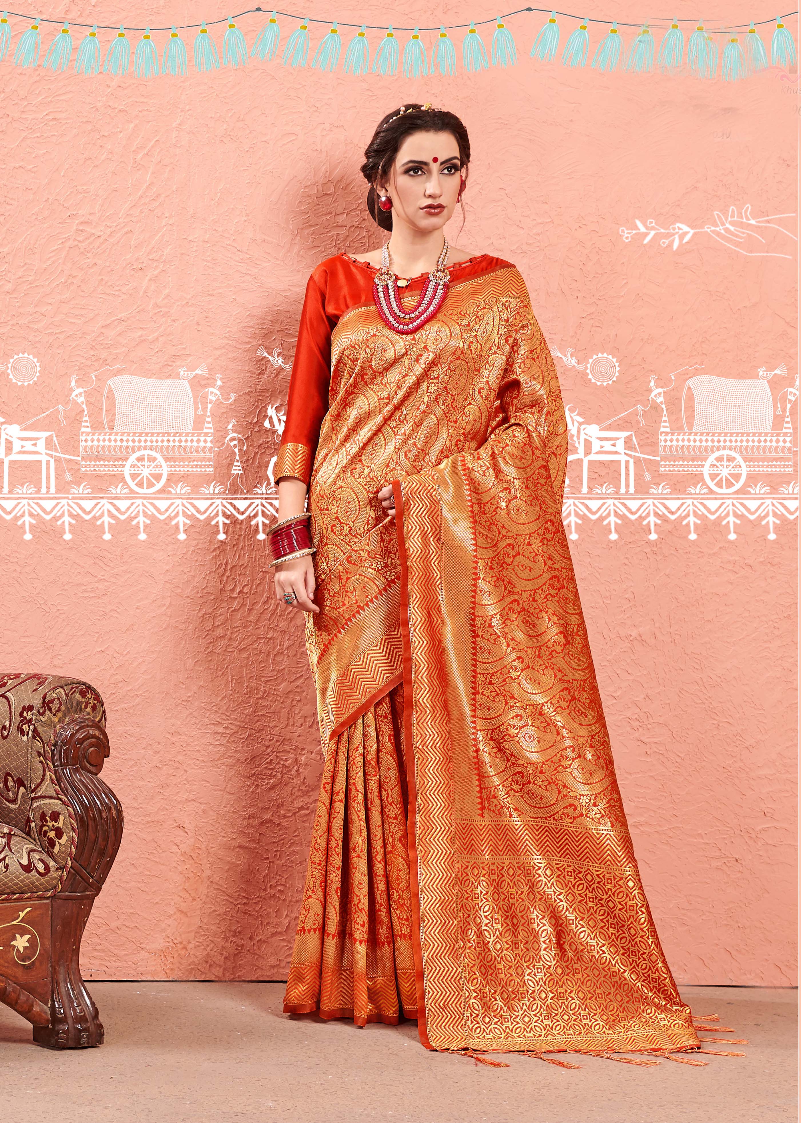 Buy Online Gold and Red Weaving Tunchui Boota Classic Saree : 119889