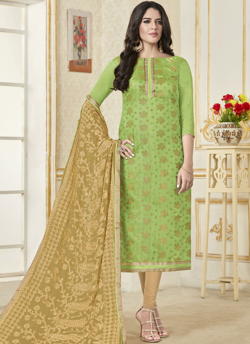 Shop Online Green Embroidered Art Silk Churidar Suit : 101733
