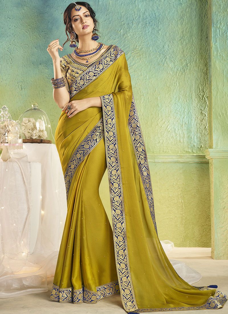 Buy Green Mehndi Faux Chiffon Trendy Saree : 120351