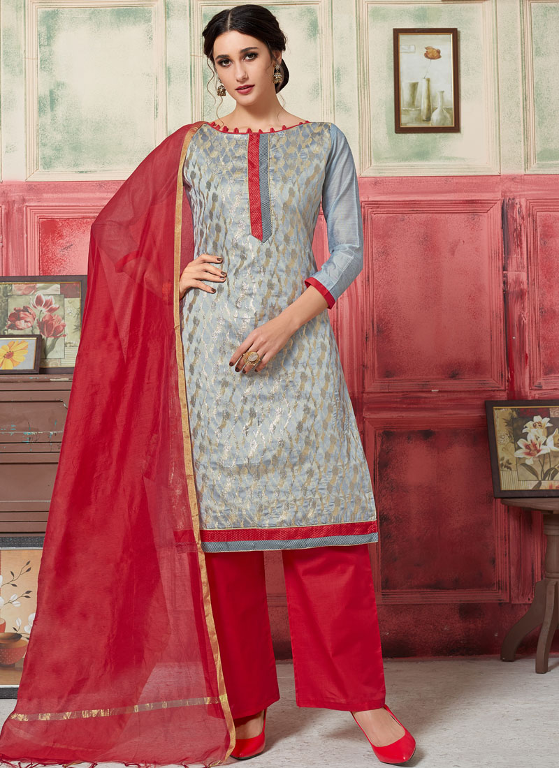 Shop Grey Jacquard Silk Designer Suit Online : 121722