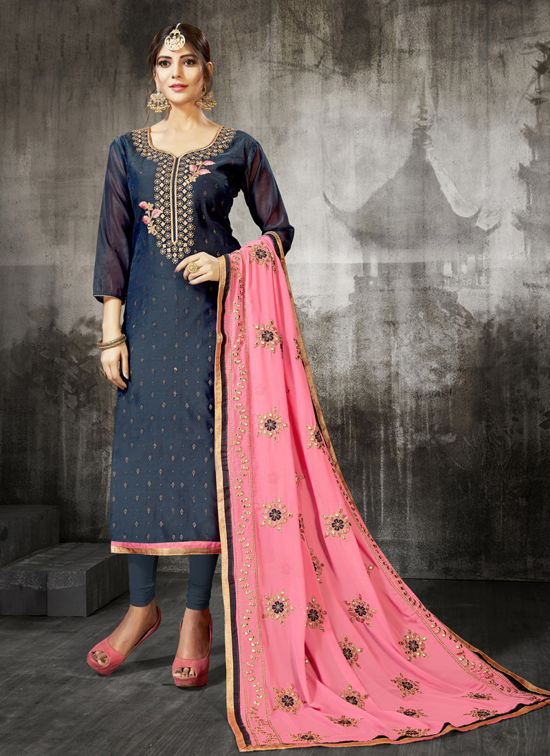 Shop Online Grey Silk Churidar Designer Suit : 123552