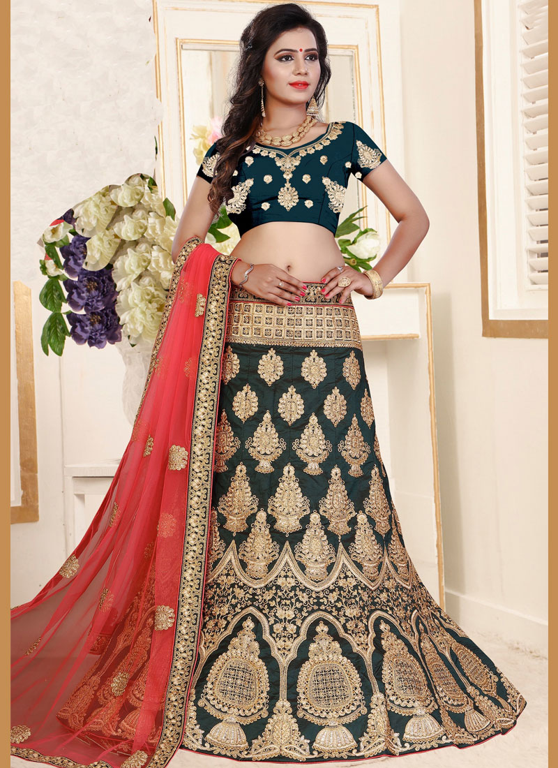 Buy Lace Work Teal Lehenga Choli : 74409