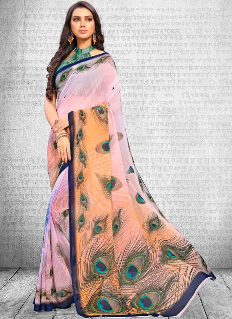 Buy Multi Colour Abstract Print Faux Georgette Printed Saree Online : 135905