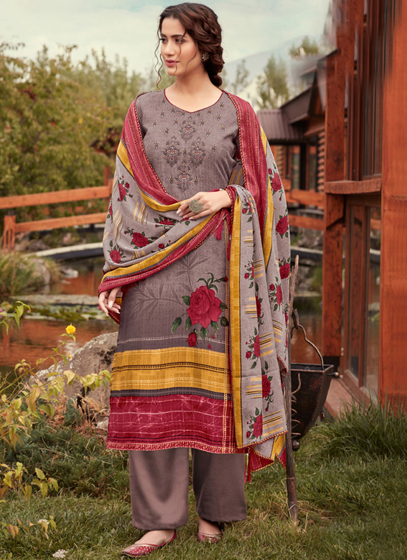 Shop Online Multi Colour Print Pashmina Designer Pakistani Suit : 131364