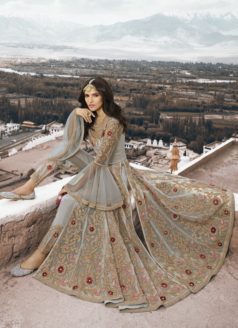Buy Net Grey Thread Work Designer Salwar Suit : 118247