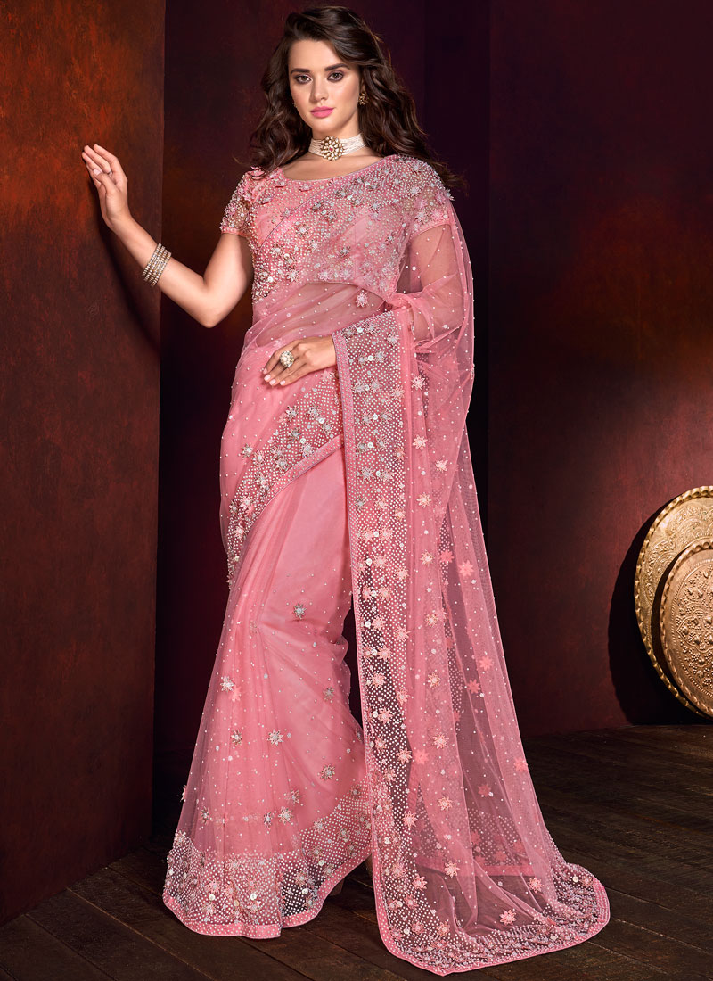 Buy Online Net Pink Patch Border Classic Designer Saree : 128224