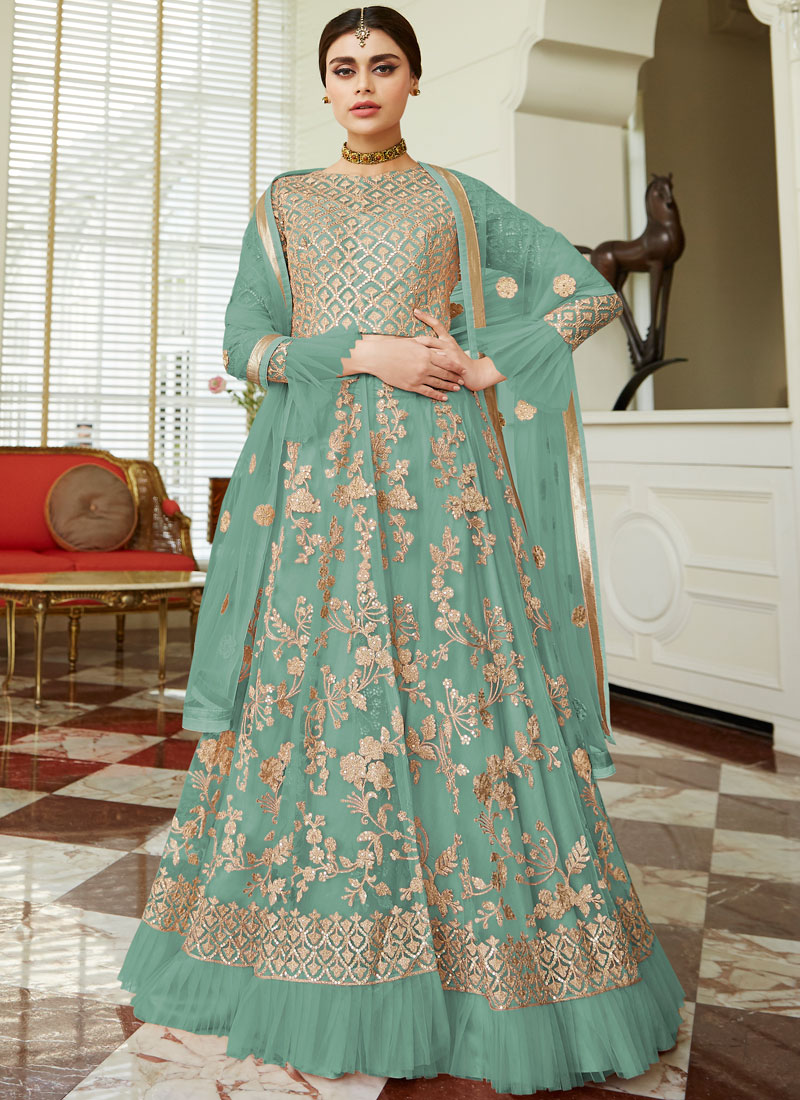 Net Sea Green Lace Lehenga Choli buy online