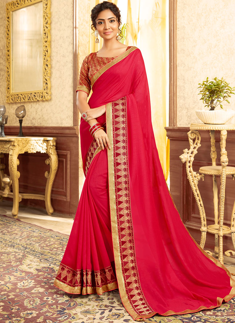 Shop Patch Border Chanderi Traditional Saree in Hot Pink Online : 131750
