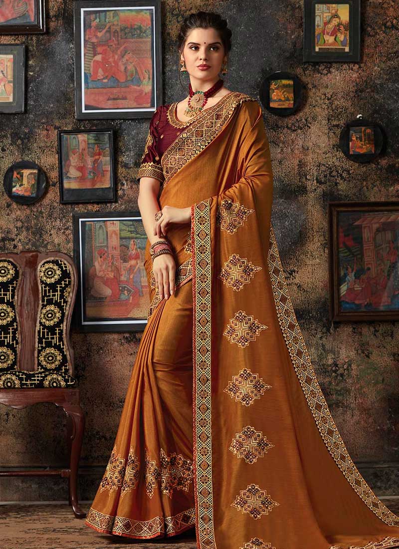 Buy Patch Border Rust Traditional Designer Saree : 103124