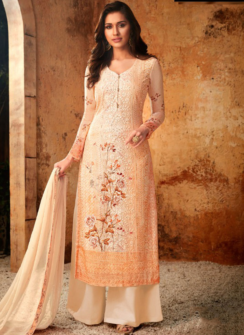 Shop Online Peach Embroidered Festival Designer Palazzo Salwar Kameez ...