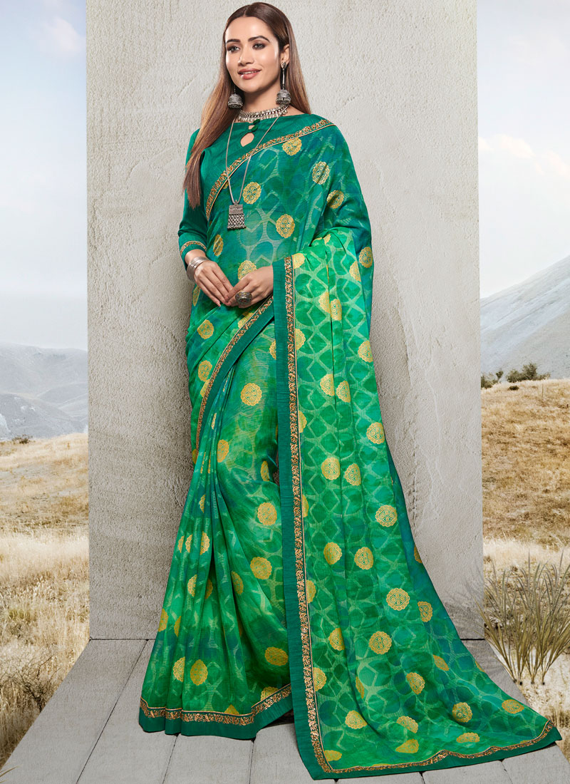 Buy Online Printed Green Saree : 118038