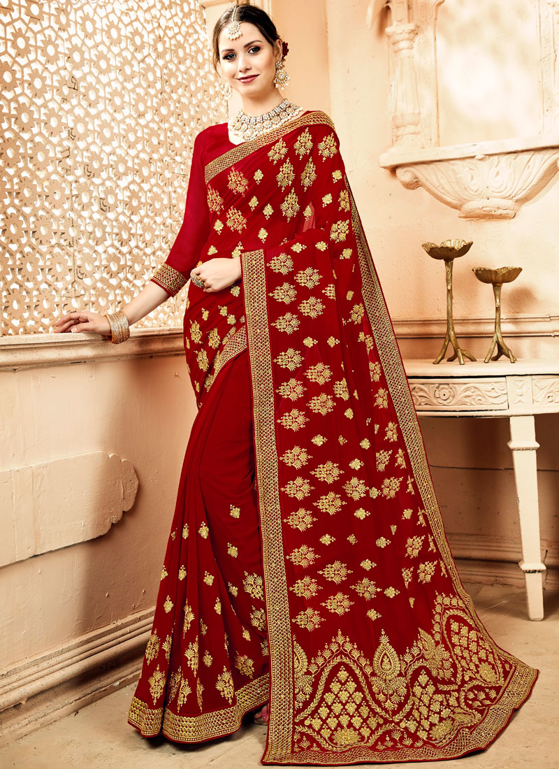 Buy Red Embroidered Classic Designer Saree Online : 103803
