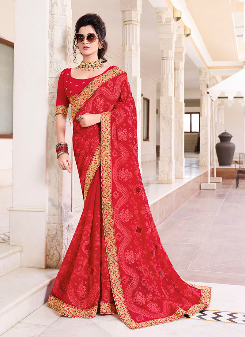 Buy Red Faux Chiffon Ceremonial Saree Online : 120164