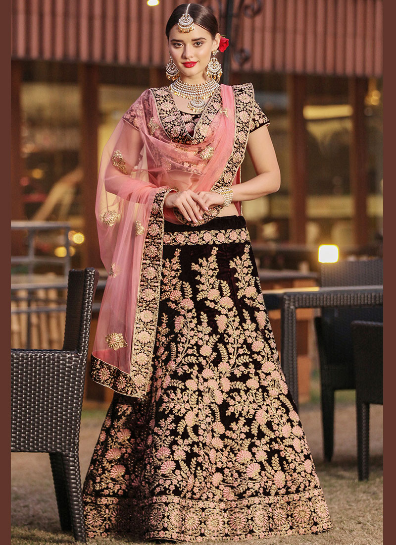 Shop Velvet Maroon Lace Lehenga Choli Online : 105560