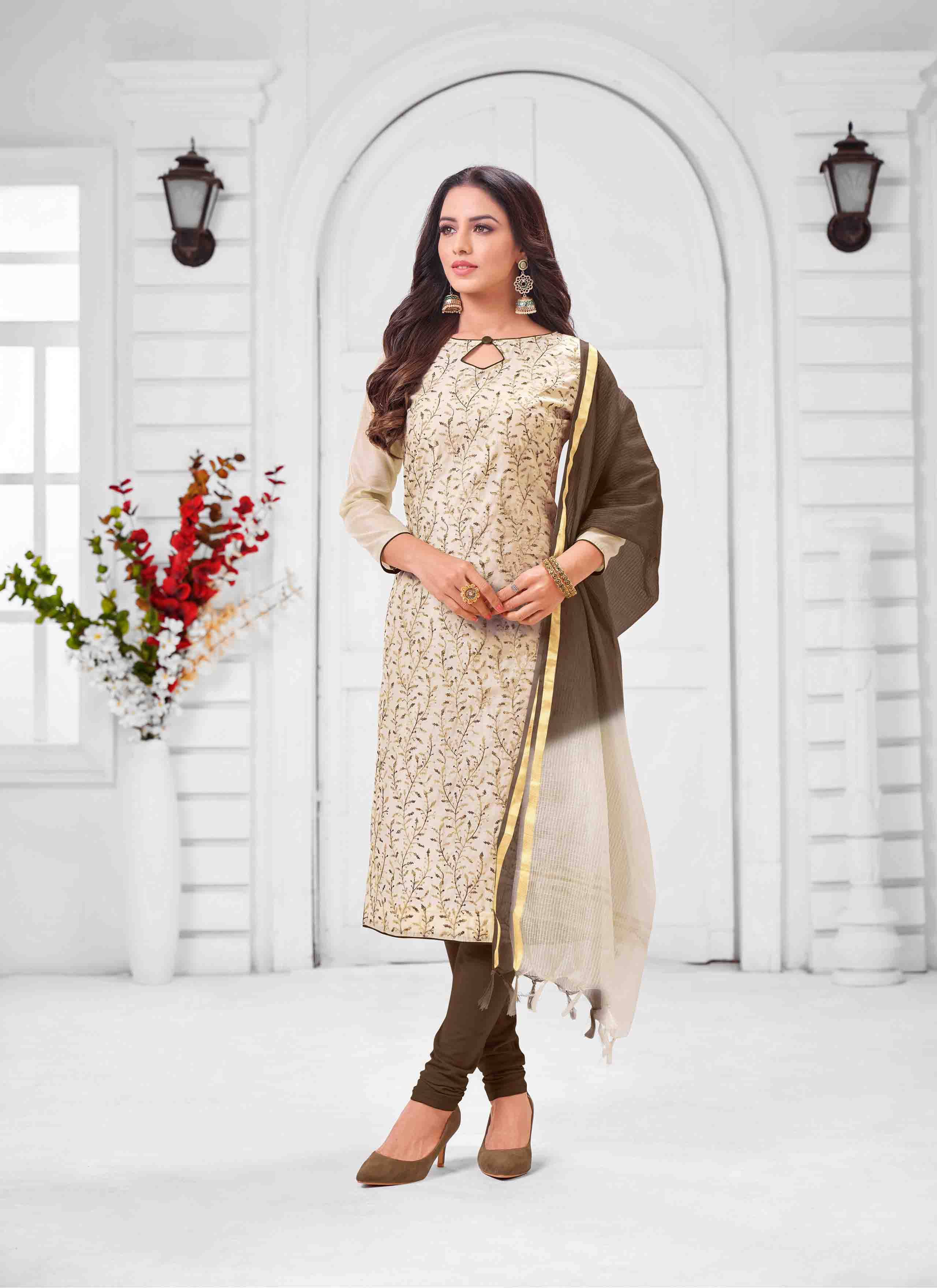 Shop Online Art Silk Cream Salwar Suit : 162119