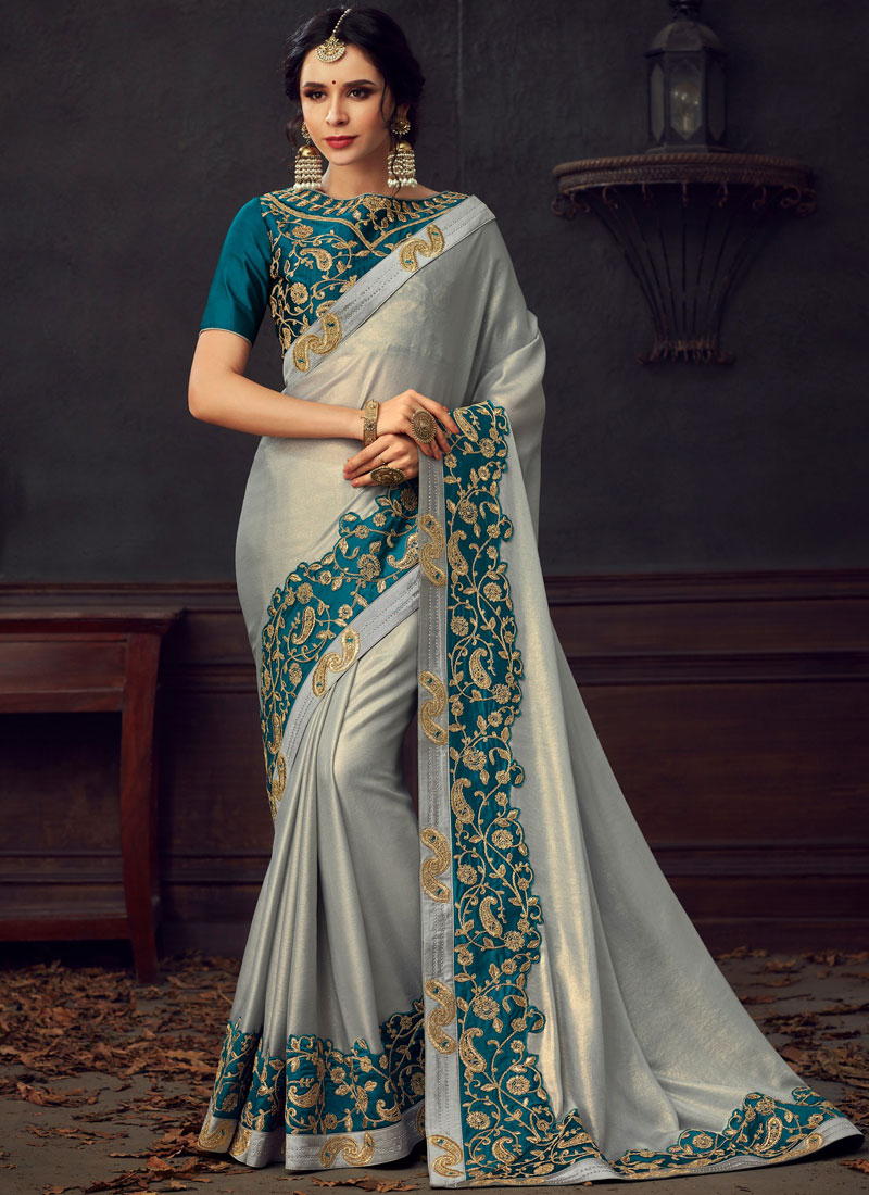 Shop Classic Saree Embroidered Poly Silk in Silver Online : 143927