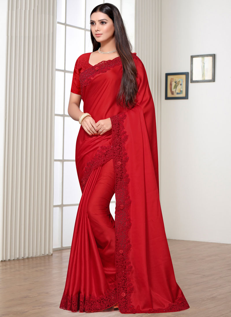 Shop Online Classic Saree Embroidered Silk in Red : 154915