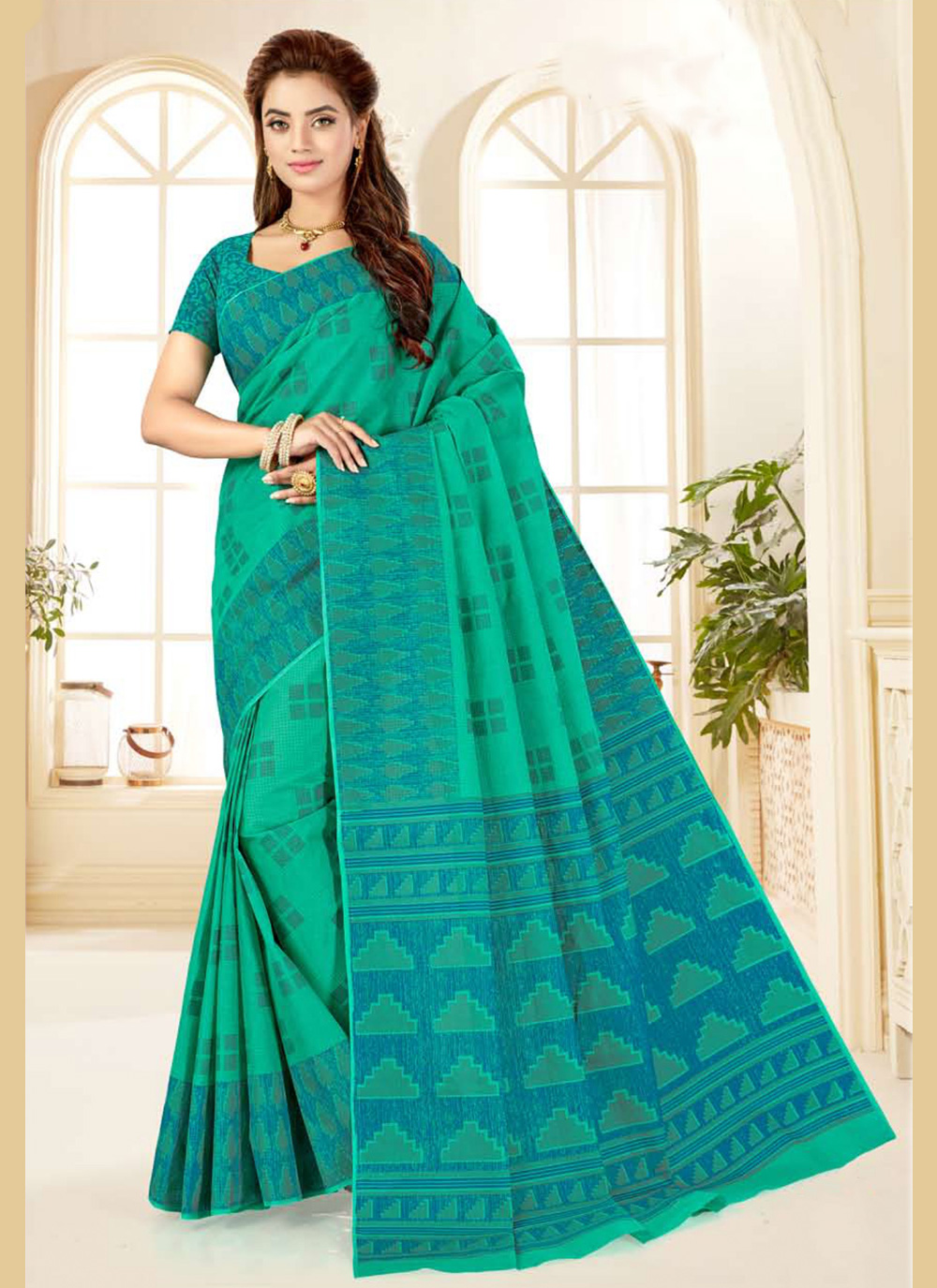 Cotton Green Printed Designer Saree buy online