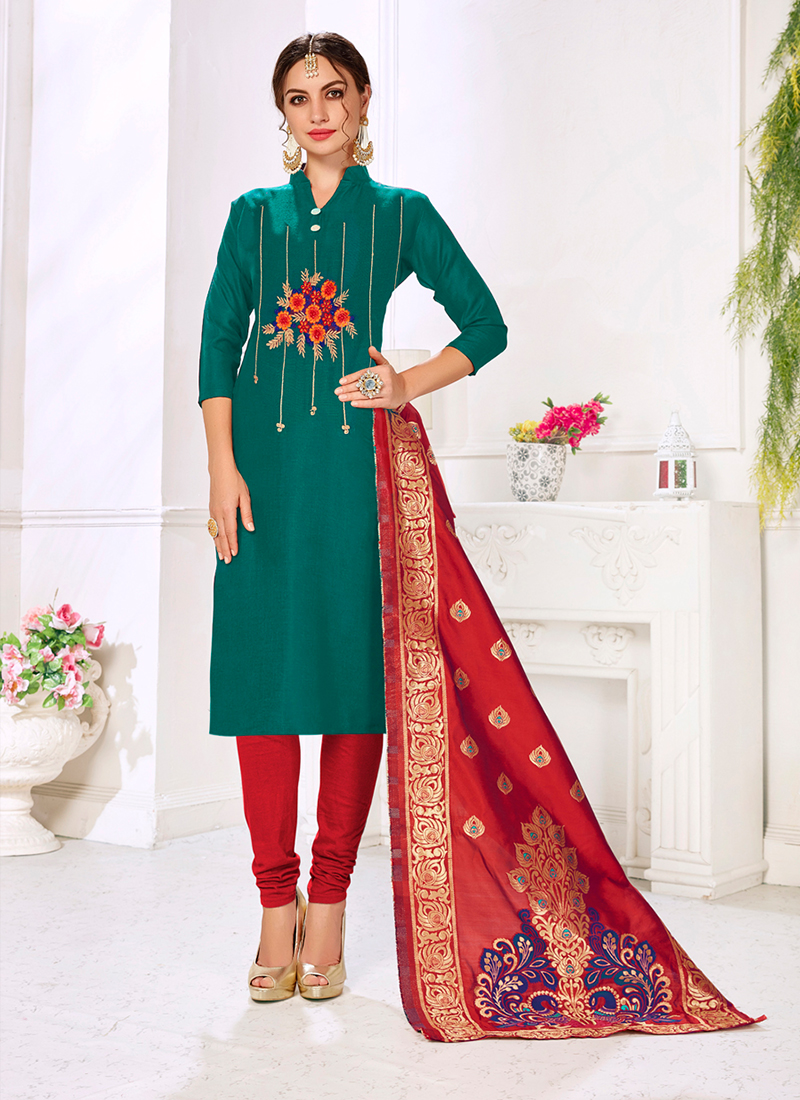 Buy Cotton Thread Work Teal Churidar Salwar Kameez Online : 138431