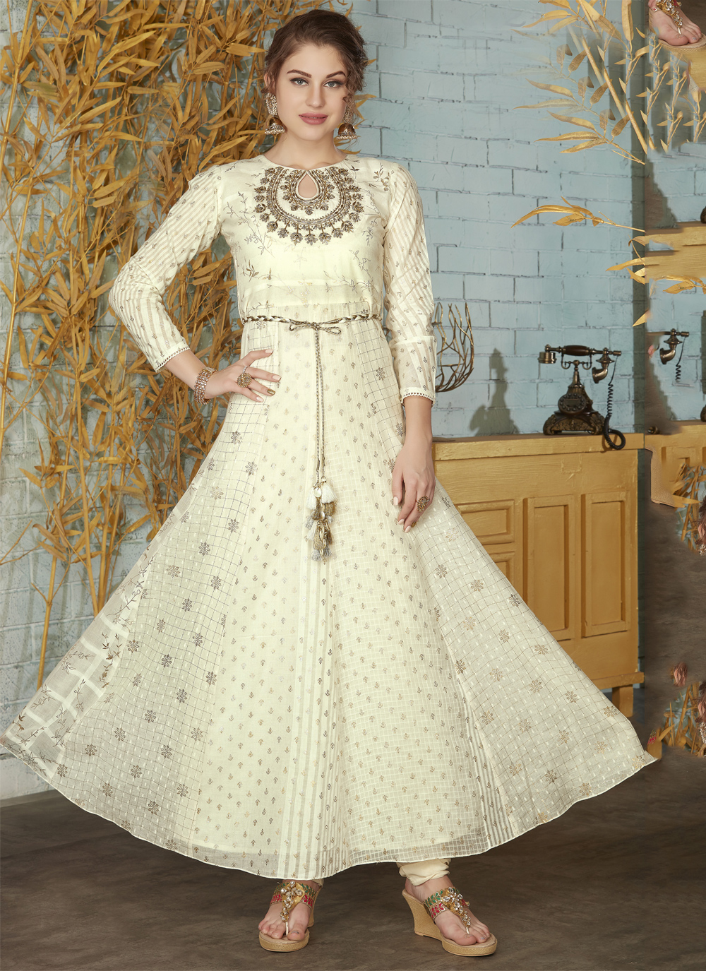 Buy Cream Moti Designer Kurti Online