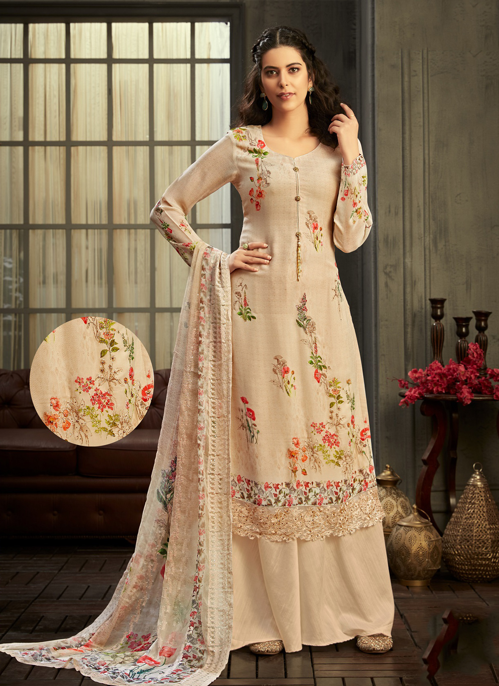 Shop Digital Print Georgette Peach Salwar Kameez Online : 165529