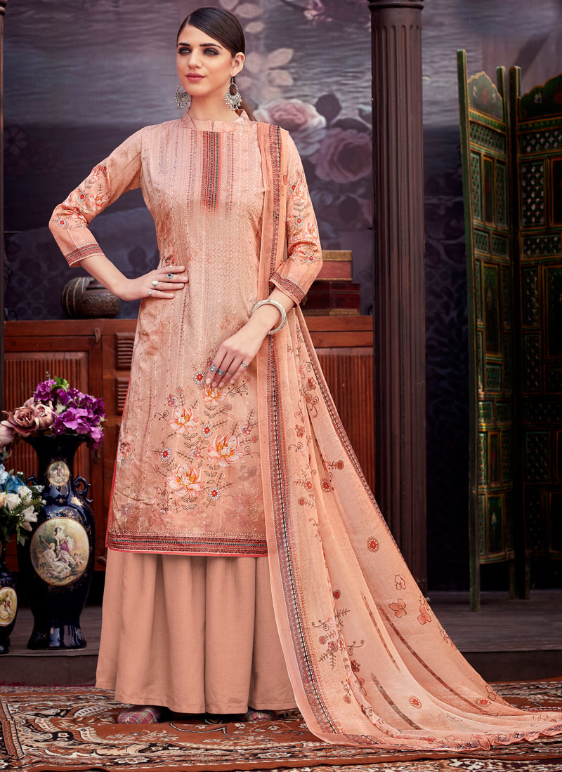 Buy Digital Print Peach Cotton Palazzo Suit Online : 147778