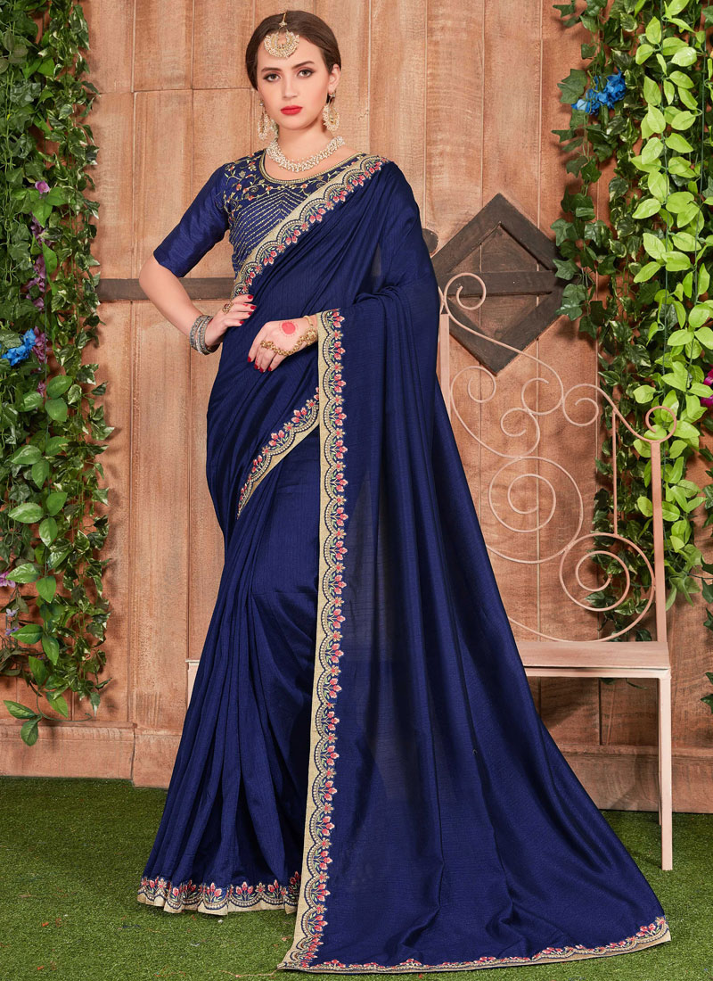 Buy Online Embroidered Blue Fancy Fabric Classic Saree : 150237