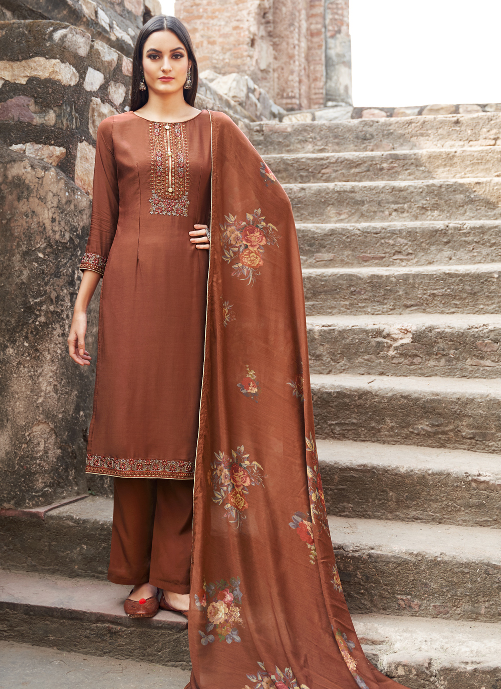 Shop Online Embroidered Brown and Maroon Muslin Designer Palazzo Salwar ...