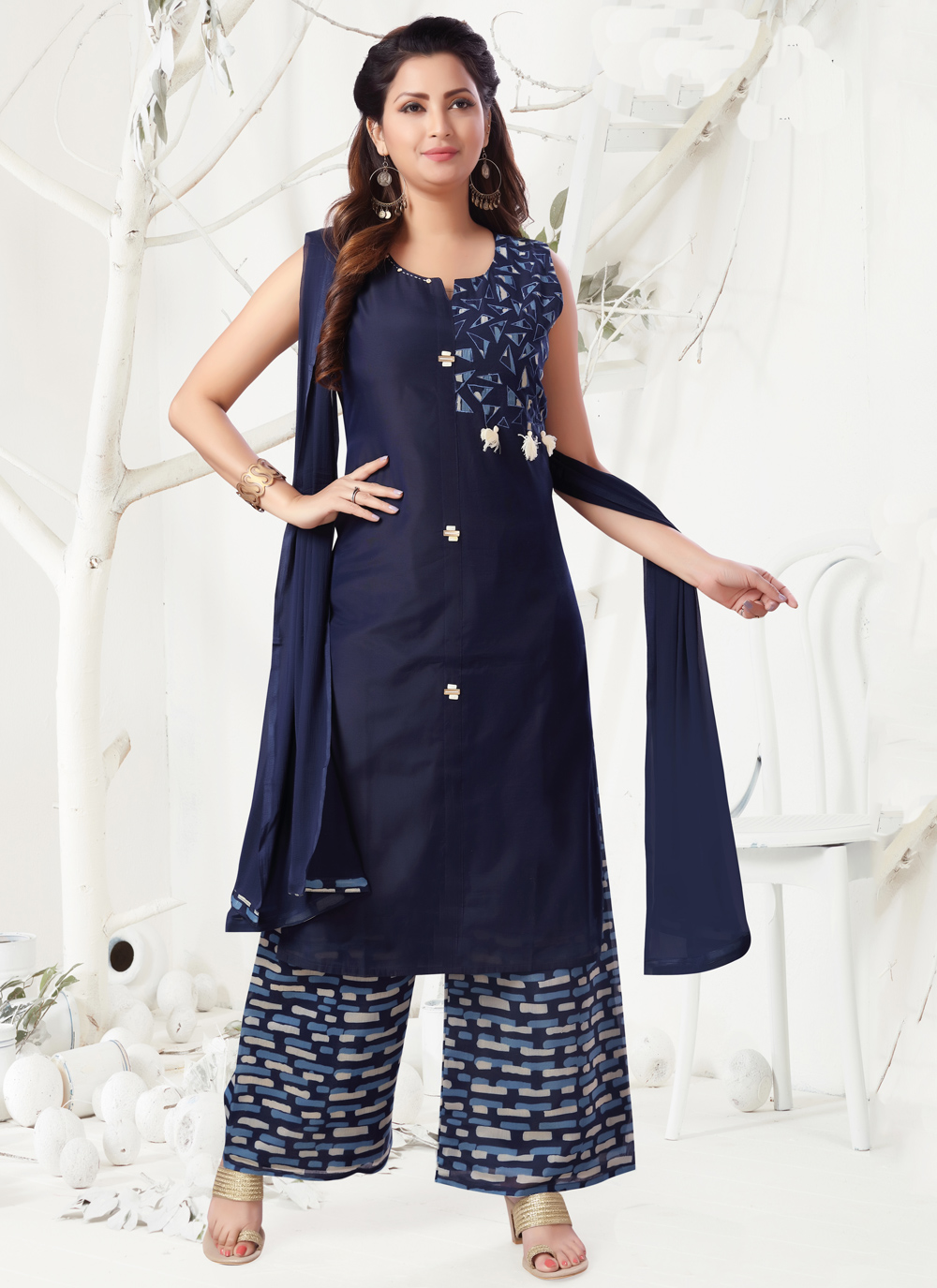 Buy Embroidered Chanderi Navy Blue Designer Palazzo Suit Online : 166531