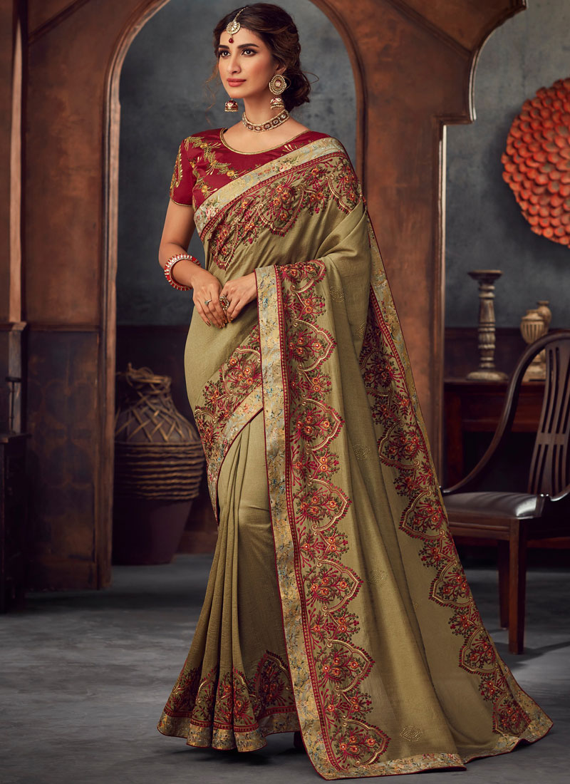 Shop Embroidered Green Silk Saree Online : 141938