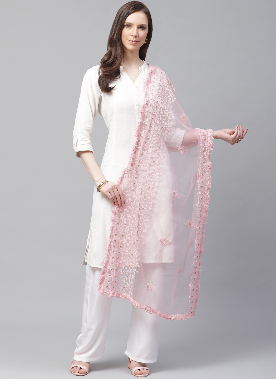 Buy Online Embroidered Net Designer Dupatta in Pink : 158865