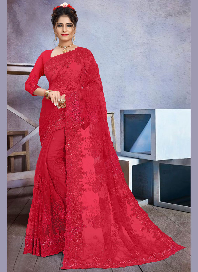 Buy Embroidered Red Net Trendy Saree Online