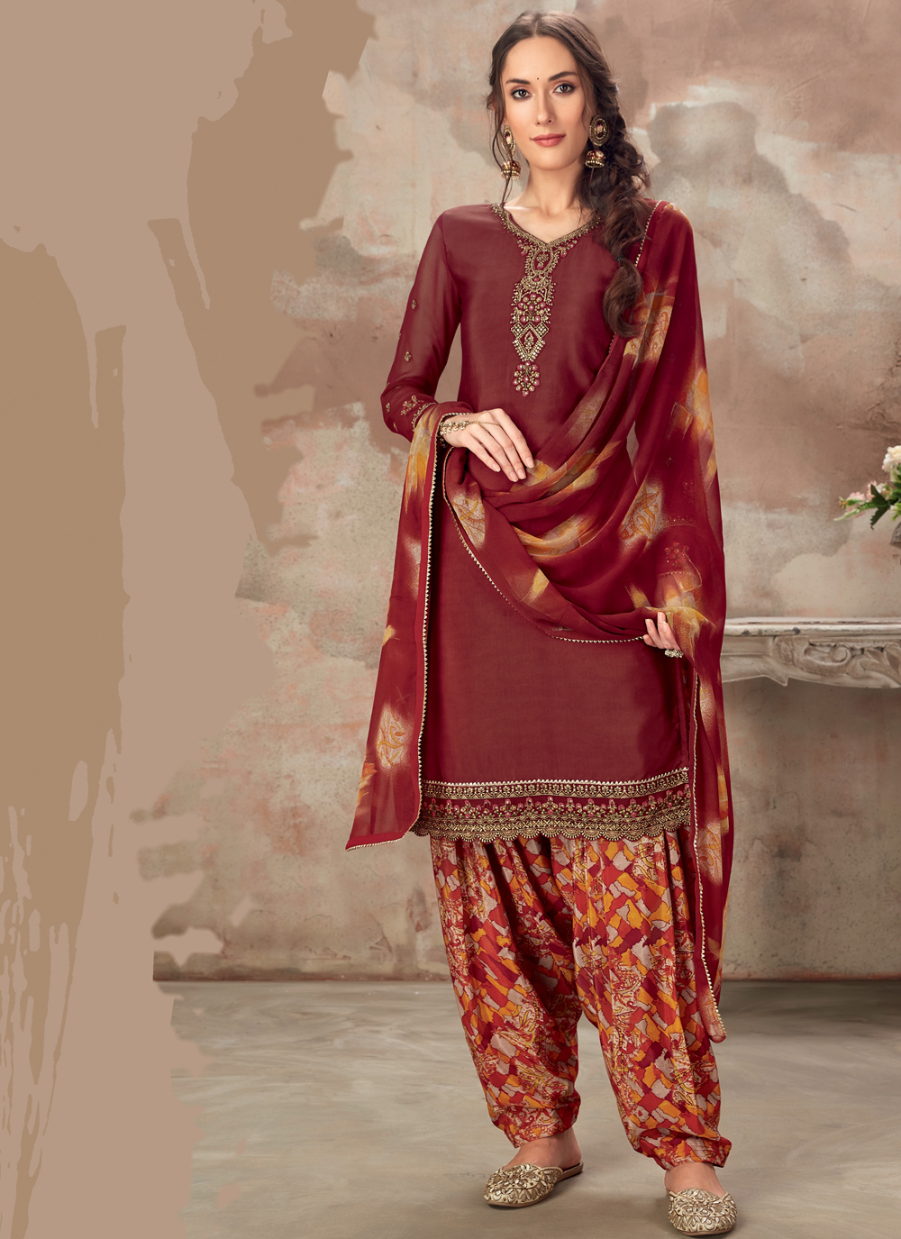 Buy Faux Crepe Salwar Kameez in Maroon : 160604